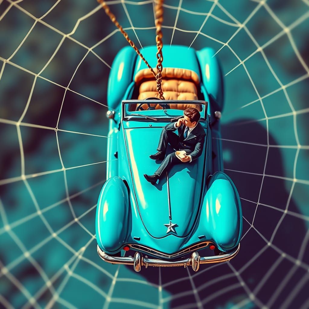 Cyan Vintage Car Stuck in Spider Web, Chauffeur in... - AI Art