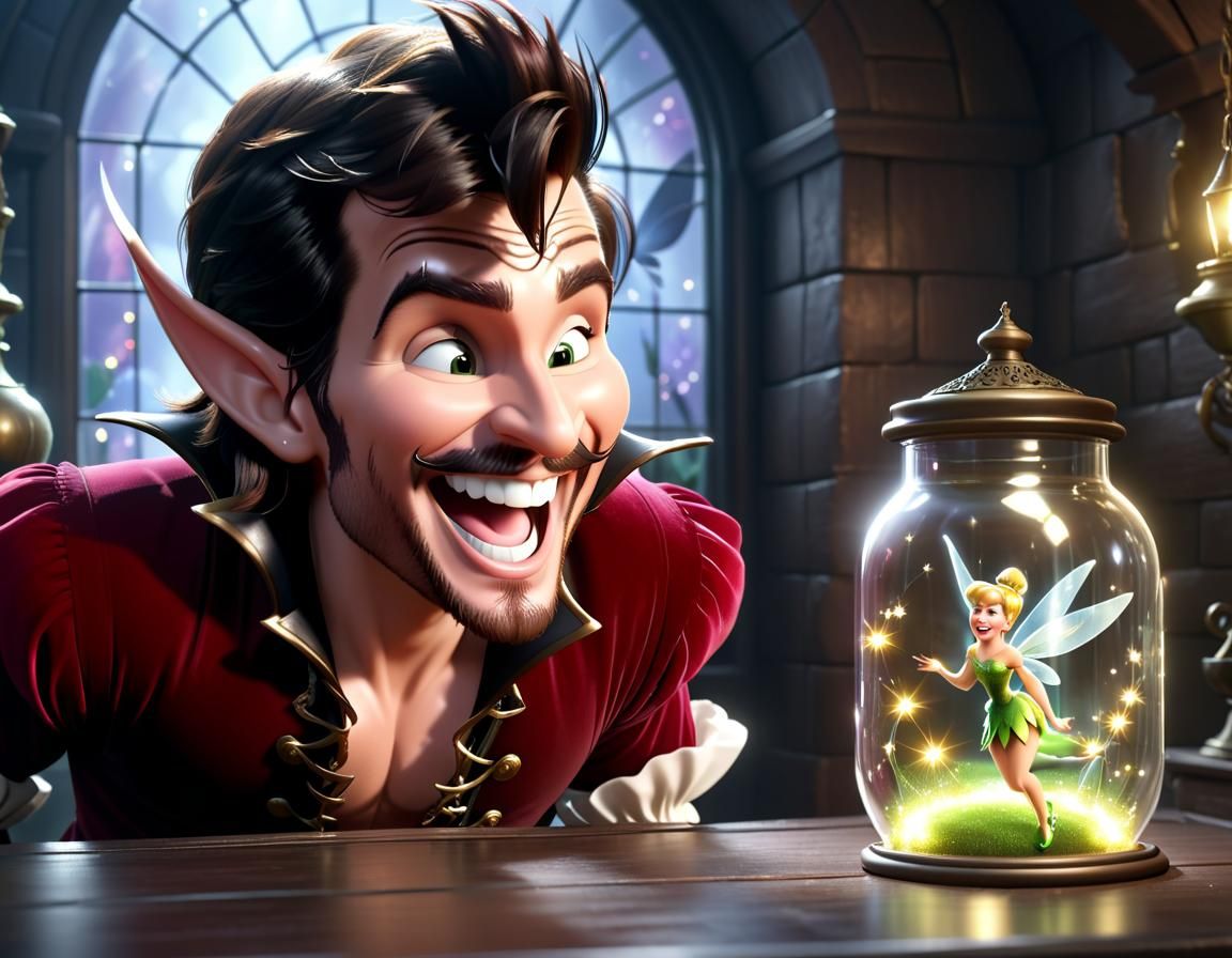 Captain Hook laughing at Tinkerbell who is trapped in a glass jar ...
