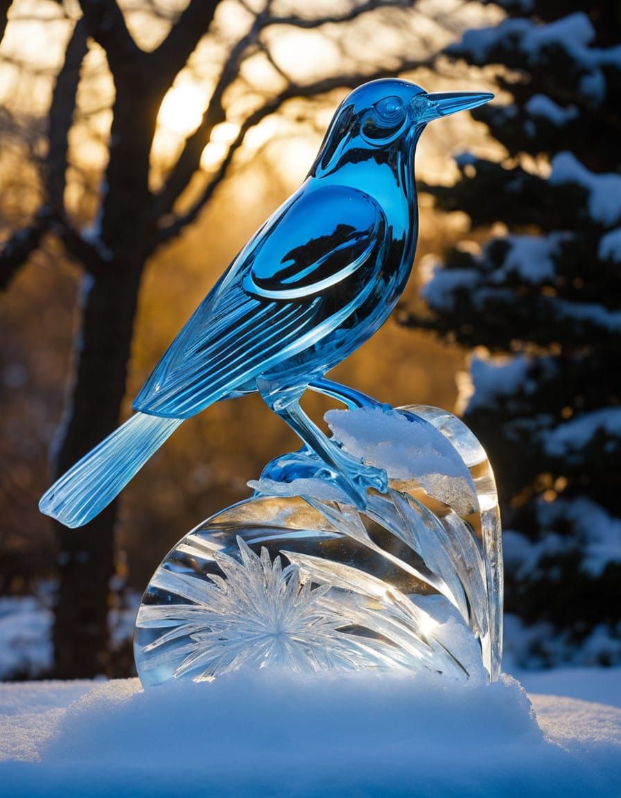 Ice bird - Frozen Masterpiece: Ice Bird in a Winter Garden