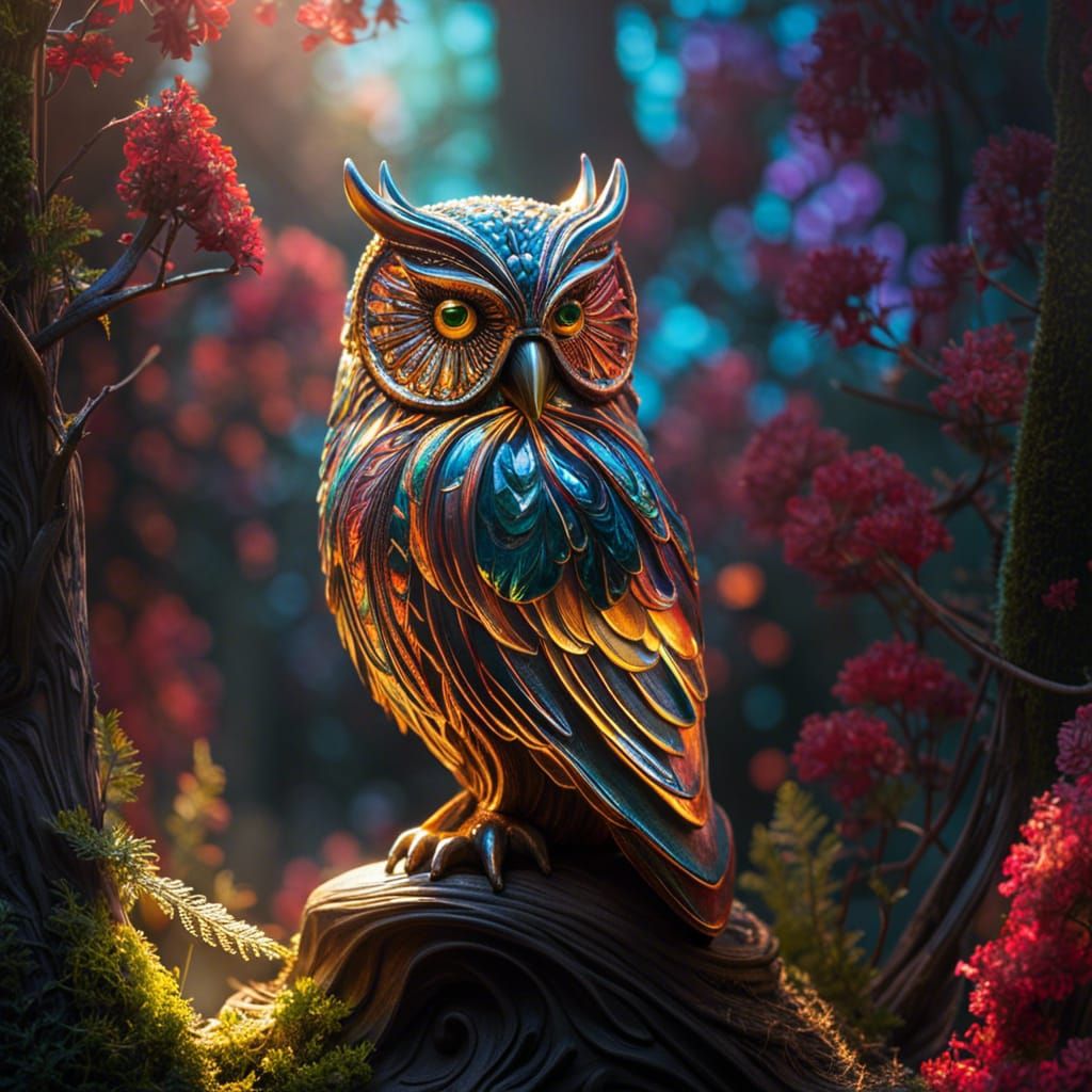 "translucent 'owl figurine' made of blown-glass in a woodland setting ...