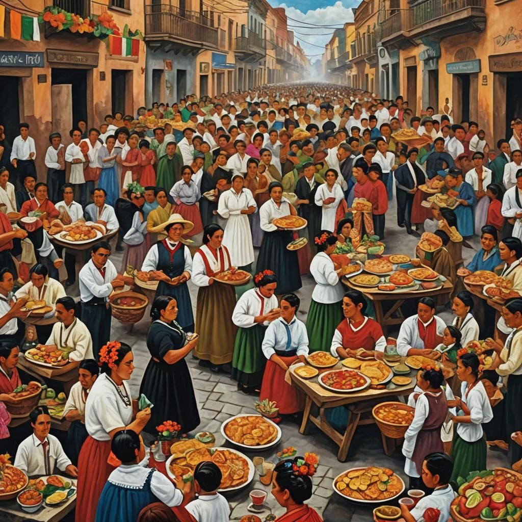 Painting of Cinco de mayo feast on the streets in Puebla, Mexico, style ...
