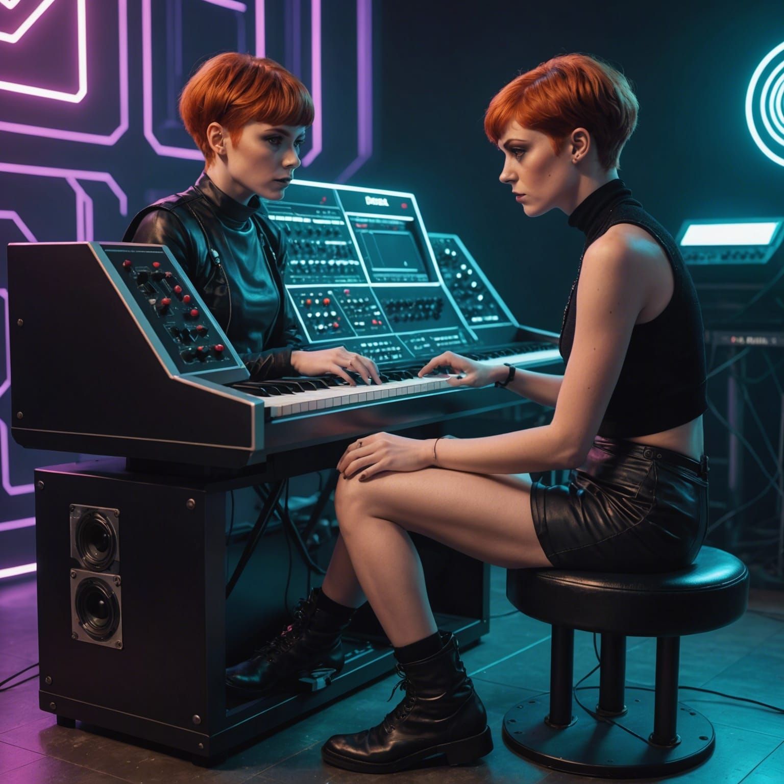 Barefoot redhead girl with a pixie cut sitting at a DX7 synthesizer while being hypnotized by a ...