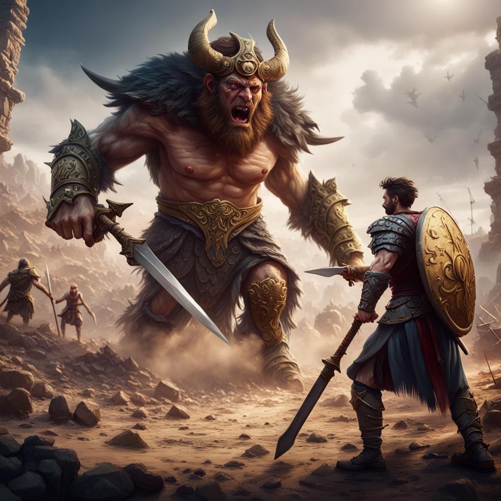 David vs Goliath on the battlefield - AI Generated Artwork - NightCafe Creator