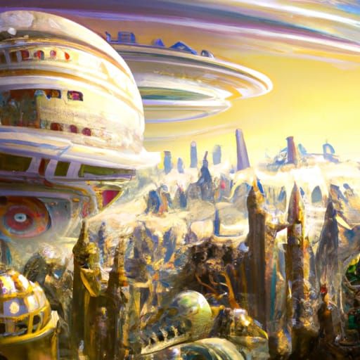 "beautiful fantasy art nouveau city, visible beautiful colorful planets ...