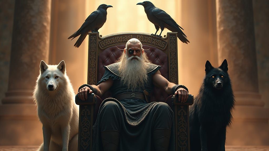 Odin Reigns Supreme in Valhalla with Loyal Ravens ... - AI Art
