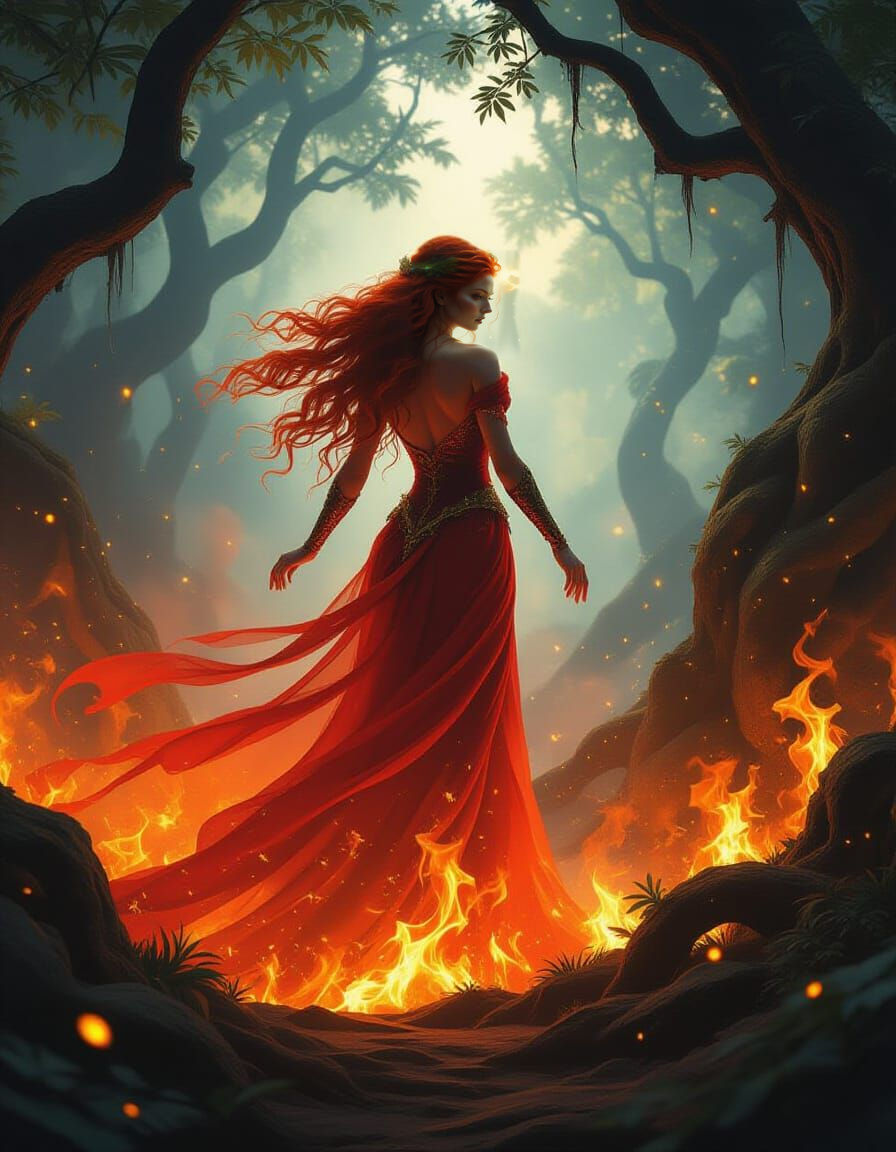 A goddess of the forest in fire - Fiery Forest Goddess Rises...