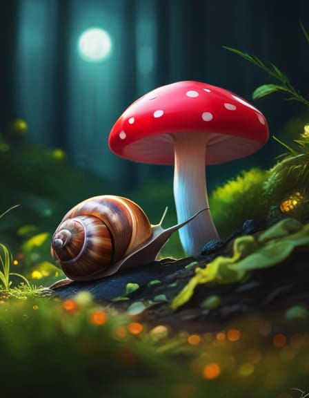 a snail crawls next to a toadstool at night time, made by stanley artgerm lau, wlop, rossdraws ...
