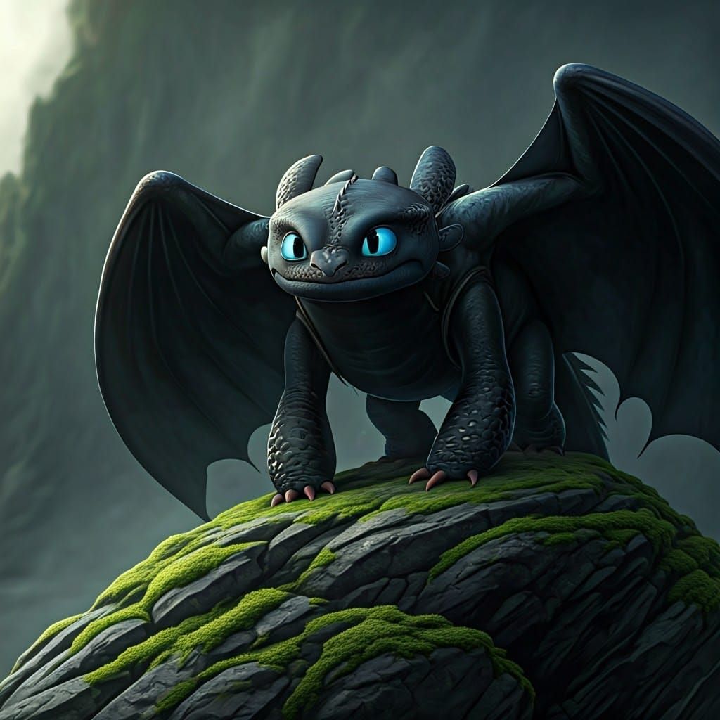 This is, Moonlett - Majestic Night Fury Dragon on Moss-Cover...