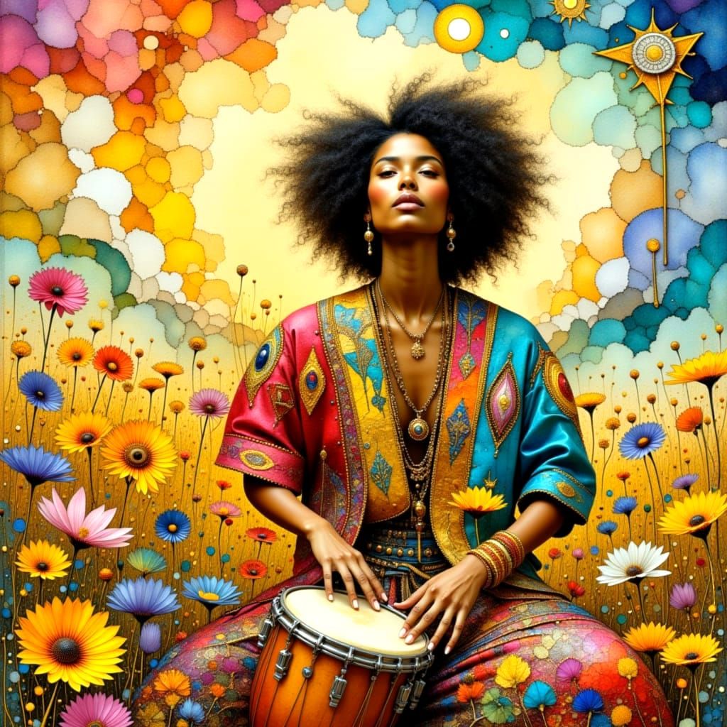 Surreal Boho Beauty Plays Bongo Drums in Vibrant W... - AI Art