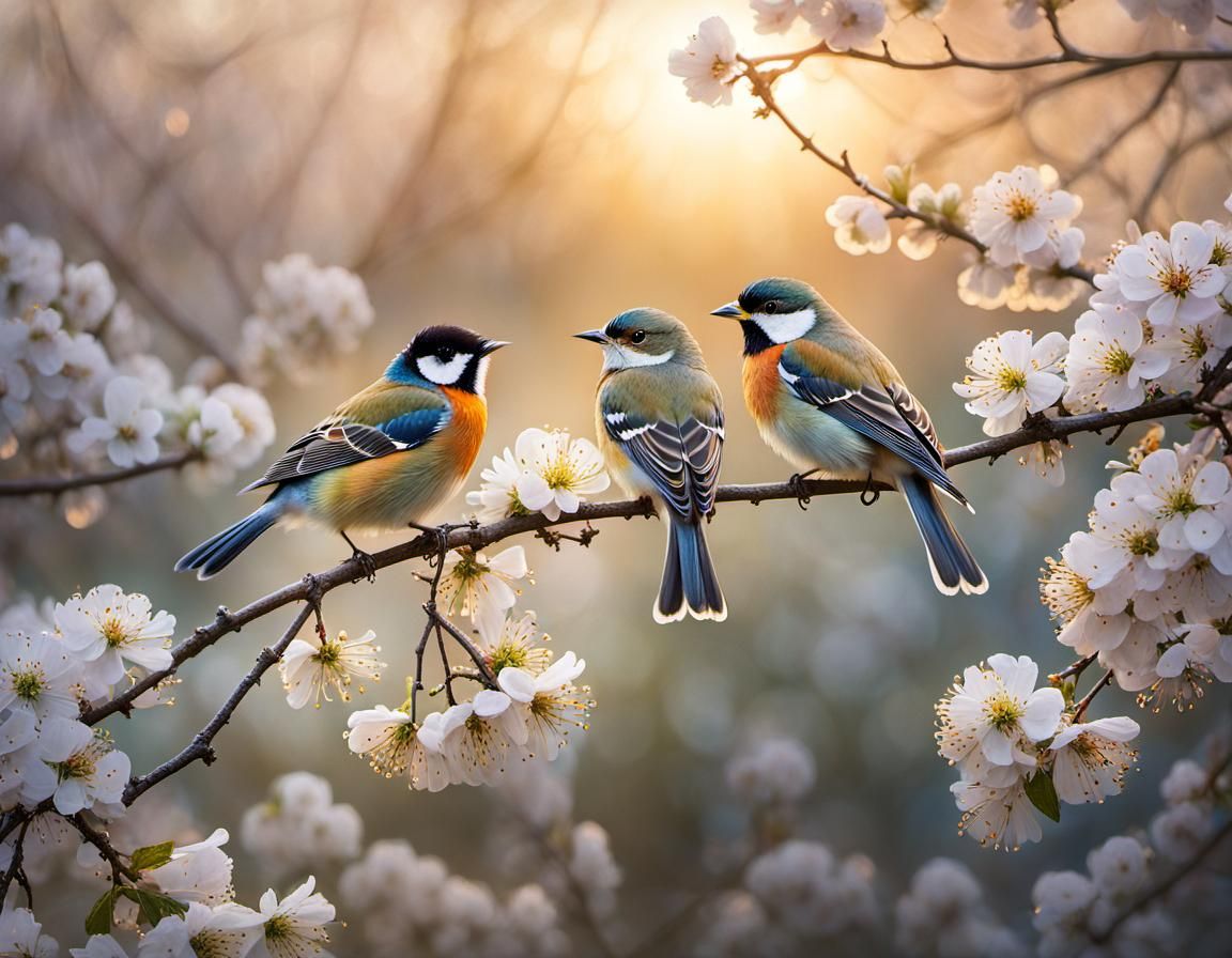 Birds on a flowering tree on a spring morning - AI Generated Artwork ...