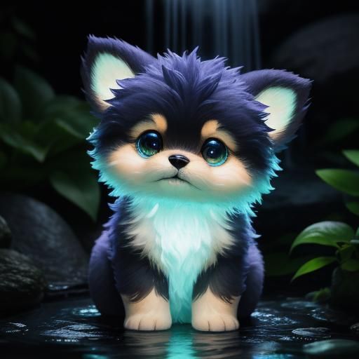 adorable cute chibi baby furry Puppy with a bioluminescent Waterfall in ...
