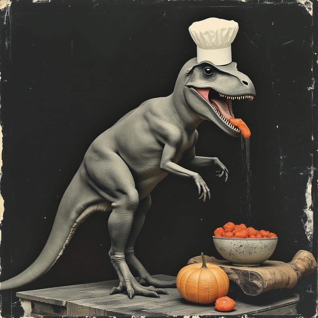T-rex cooking food and wearing chef hat