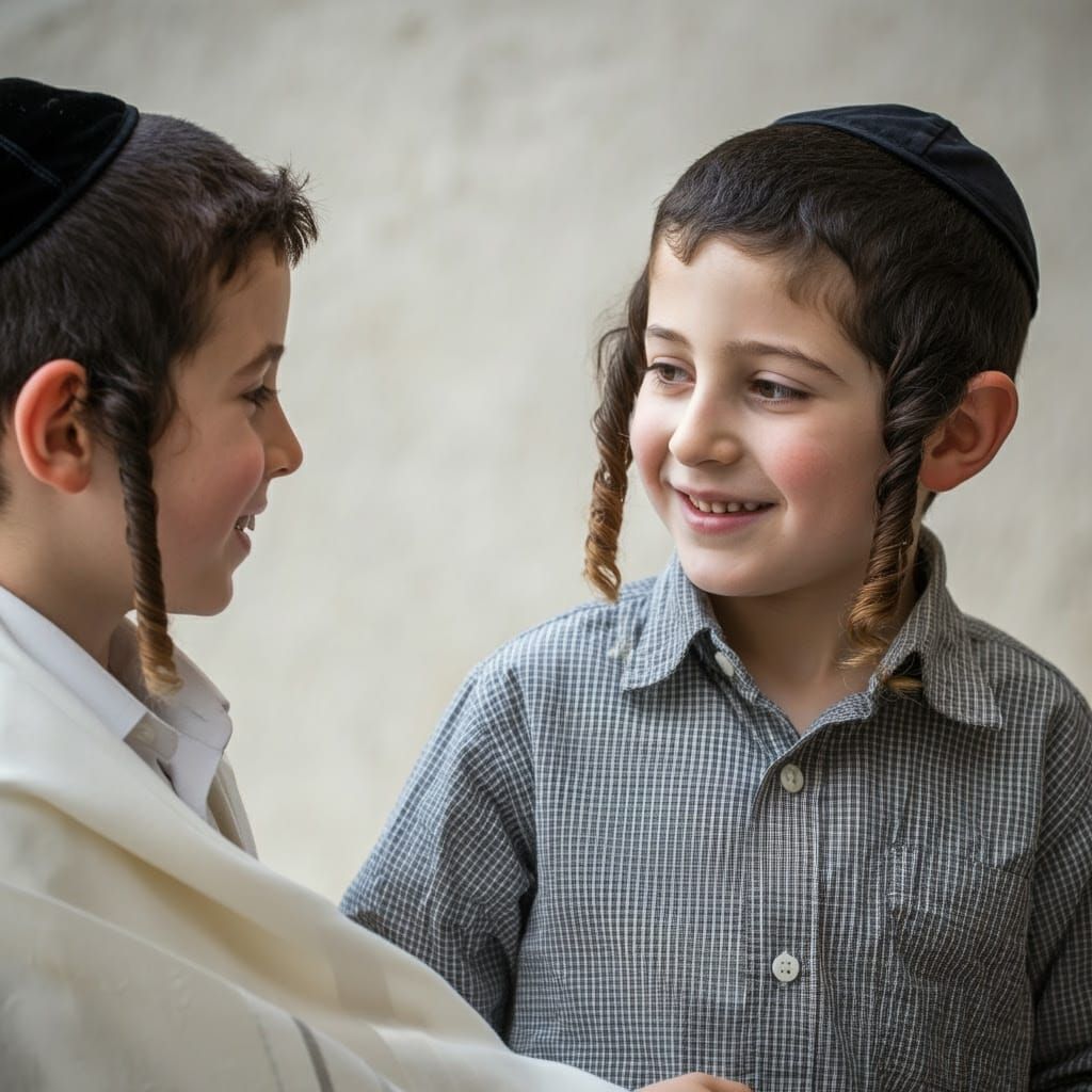 Two Young Orthodox Jewish Boys Share a Warm Moment - AI Art