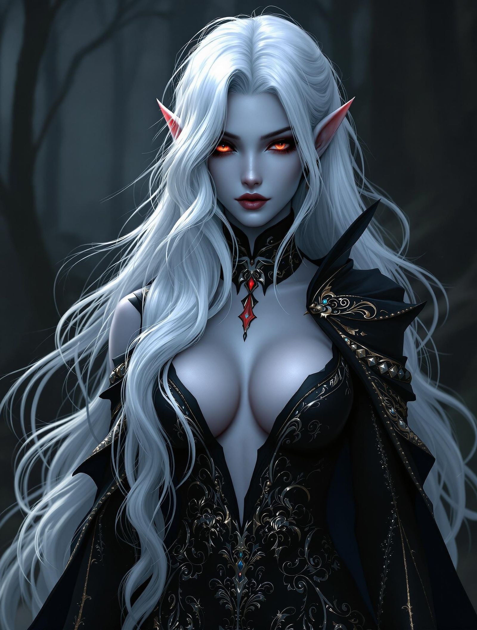 Elegant Drow Goddess in Misty Forest, in Artgerm's... - AI Art