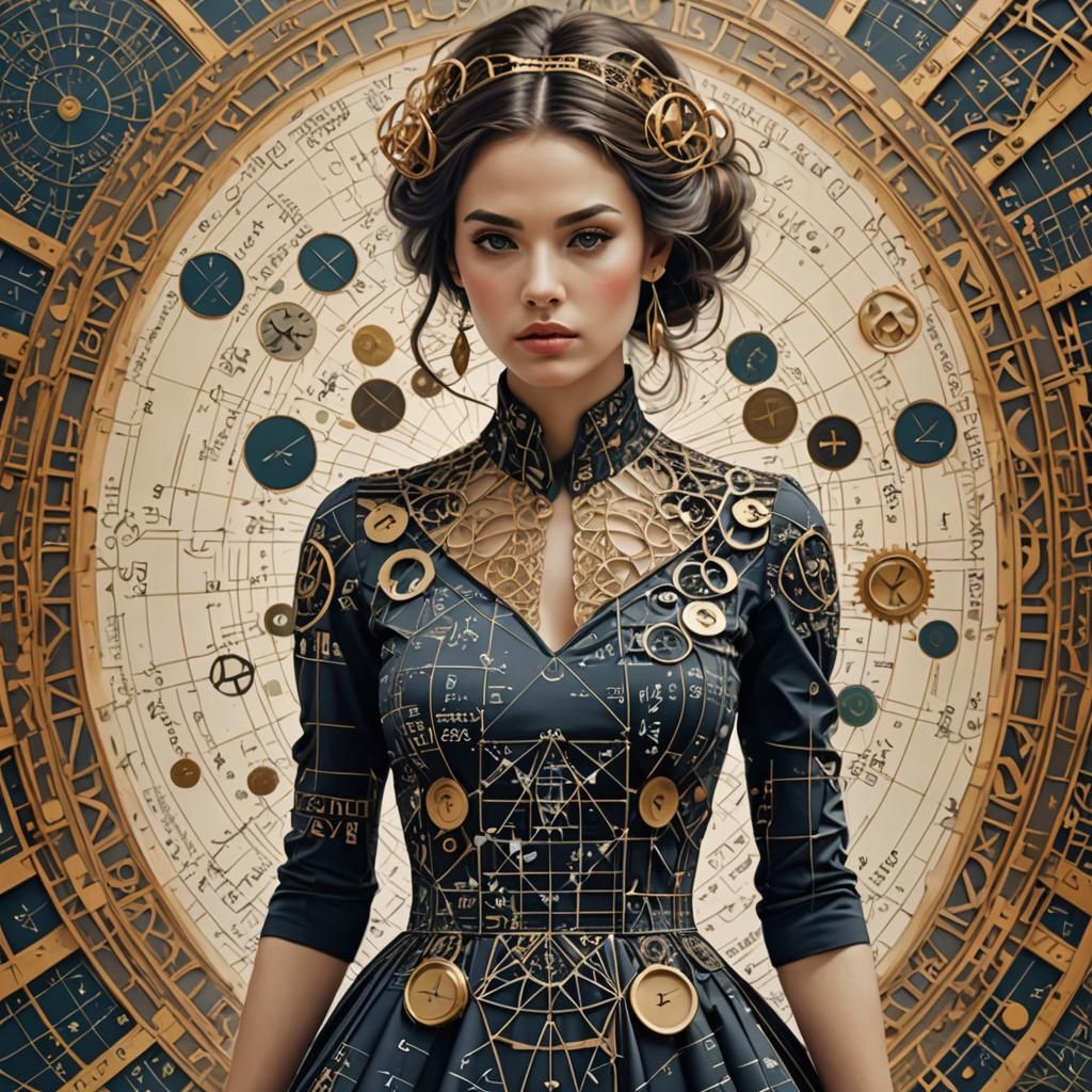 Math Art Beautiful Woman Visualizing Complex Math Formulas With Hidden Mathematical Symbols In