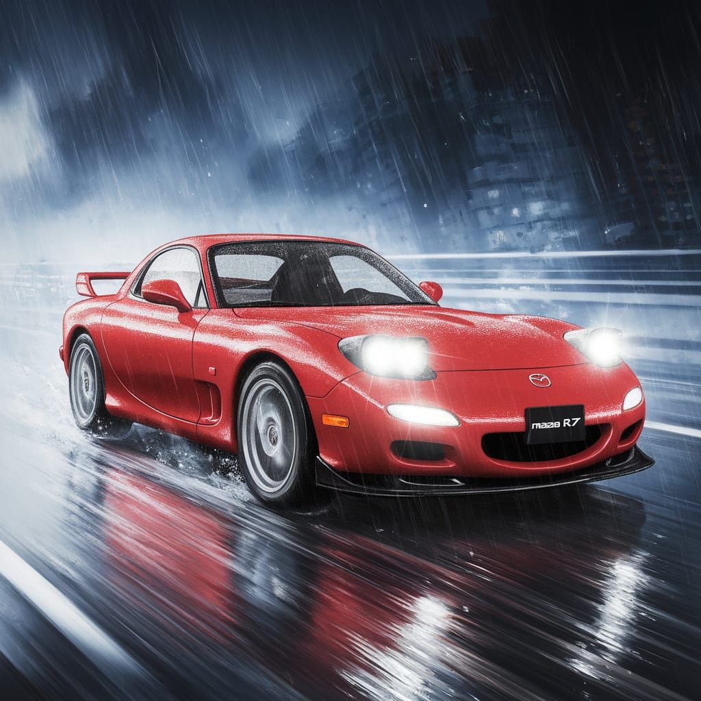 Speeding Mazda RX7 in Neo-Impressionist Motion - AI Art