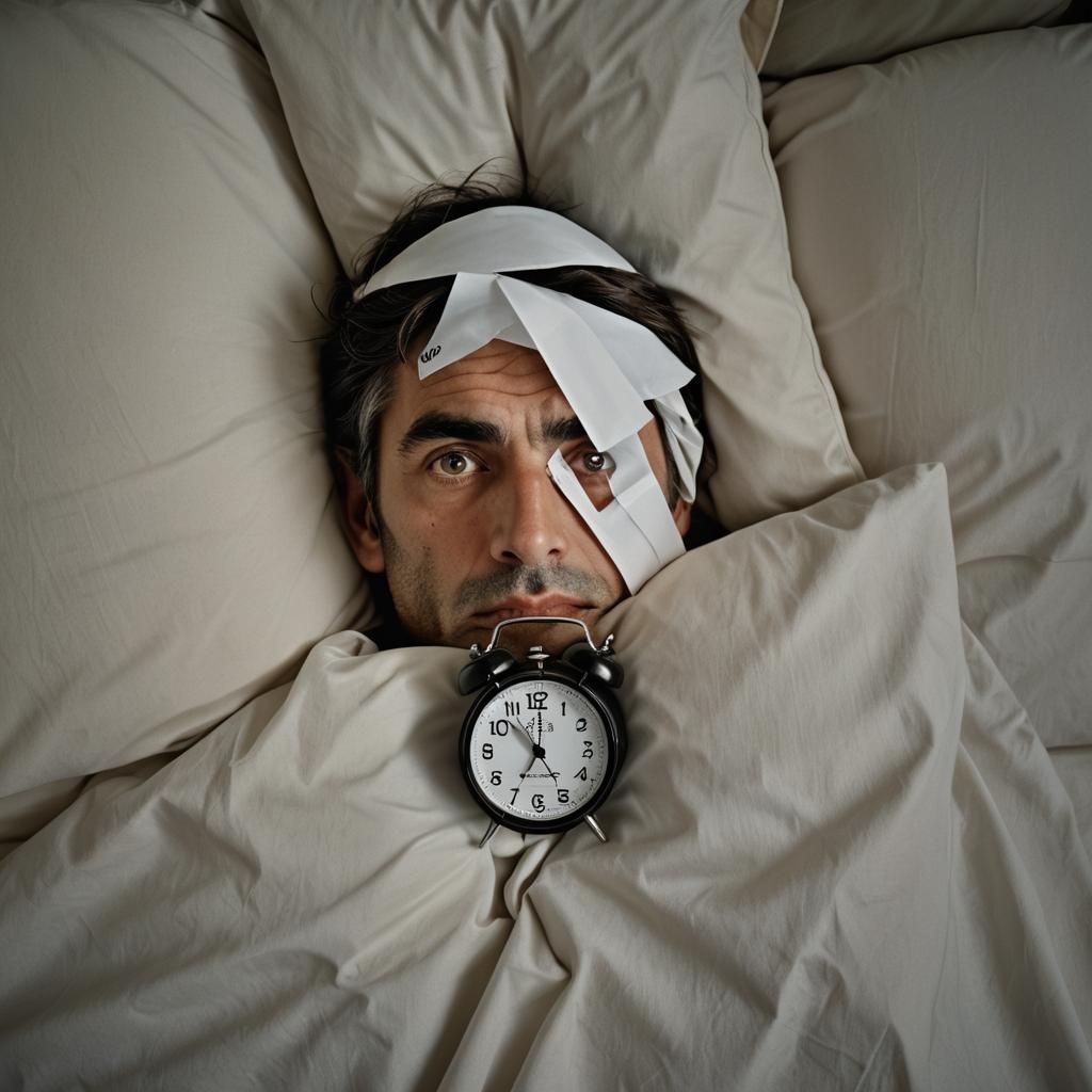 Sleepless night: An image of someone lying awake in bed, with a clock ...