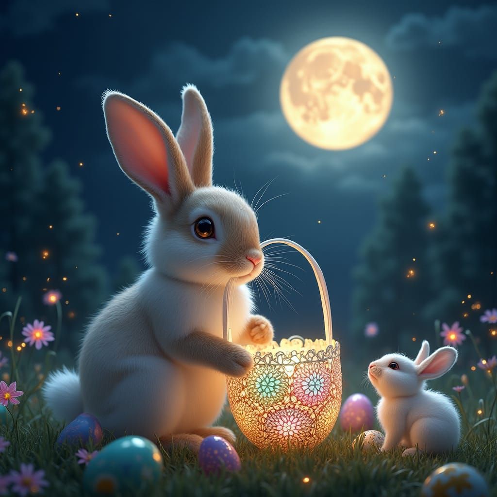 A 4D ultra-realistic Easter Bunny on a nighttime adventure collecting eggs