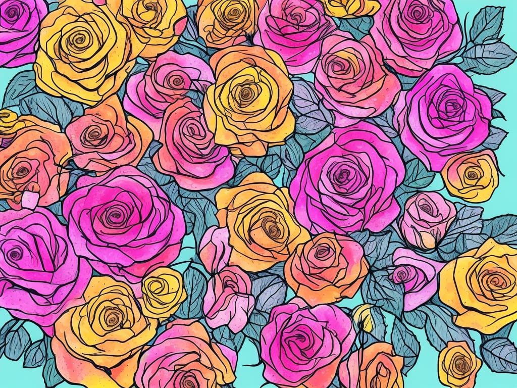 roses, tightly packed bouquet, bright fall colors, poster, illustration ...