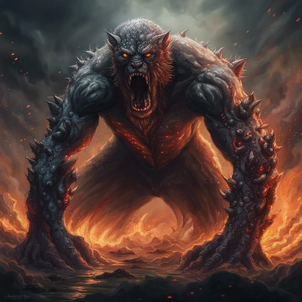 cold dark eyes of a wild animal. hulking creature. half man and half ...