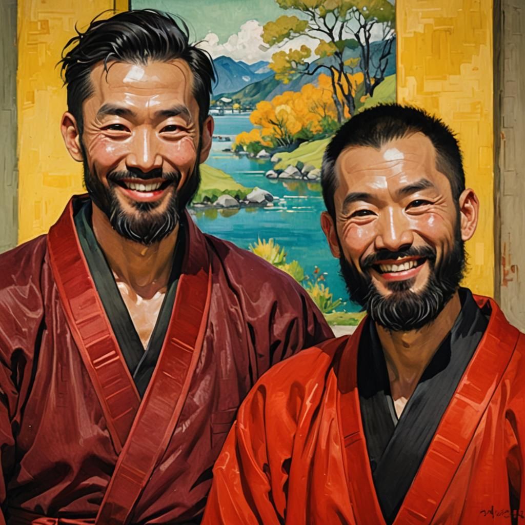 Two happy Asian men with beards, wearing red and black robes - AI ...