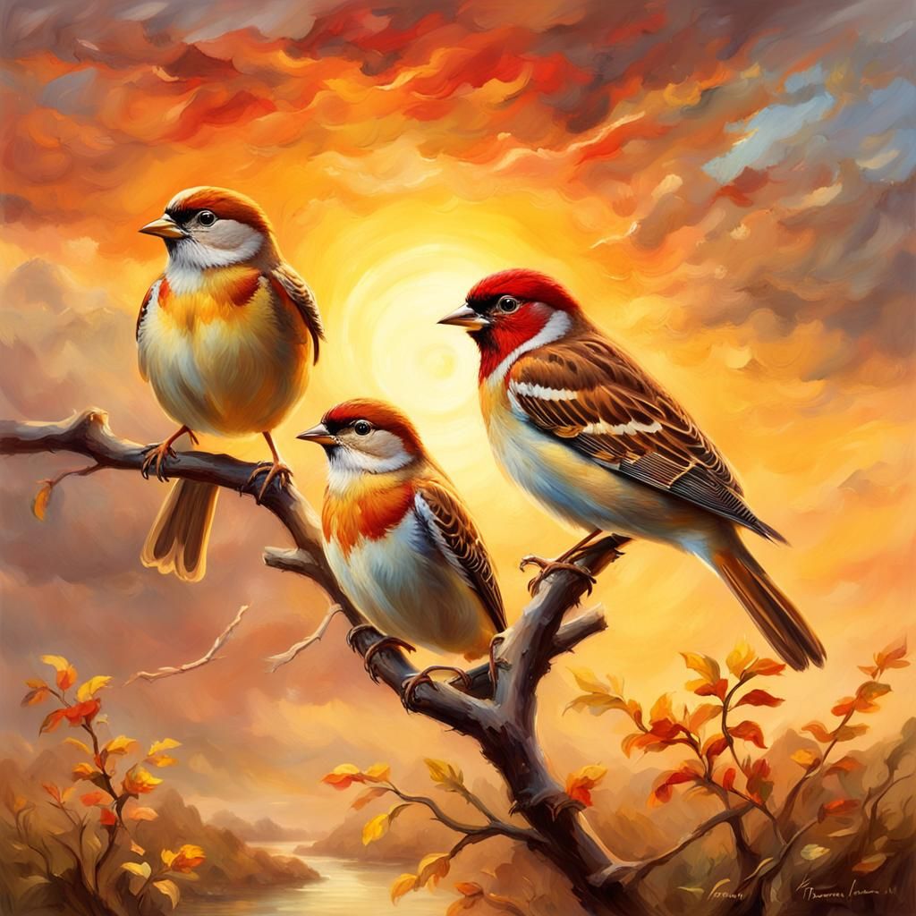 Three sparrows and the rising sun - AI Generated Artwork - NightCafe ...