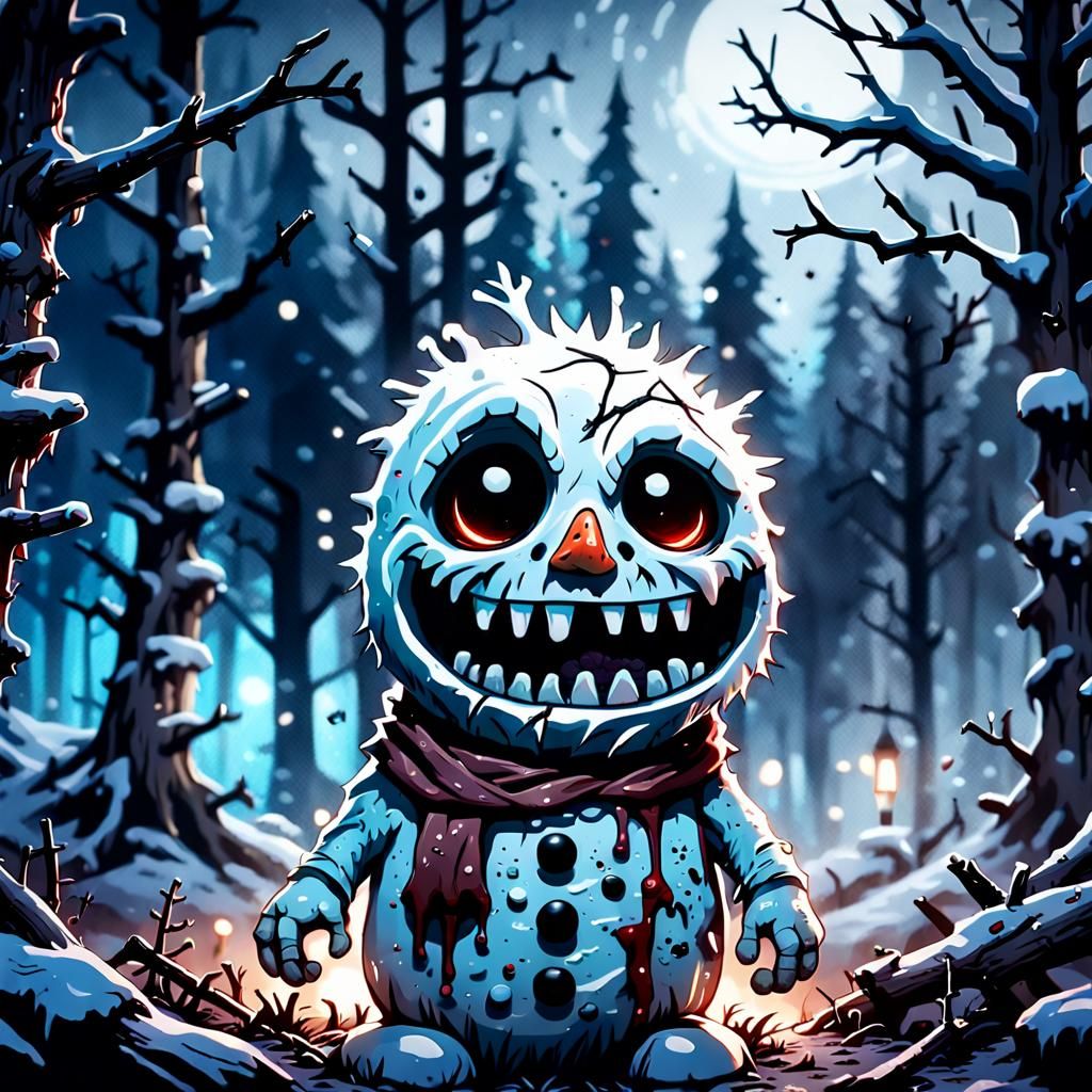 Creepy Chibi Zombie Snowman Close-Up in Dark Fanta... - AI Art