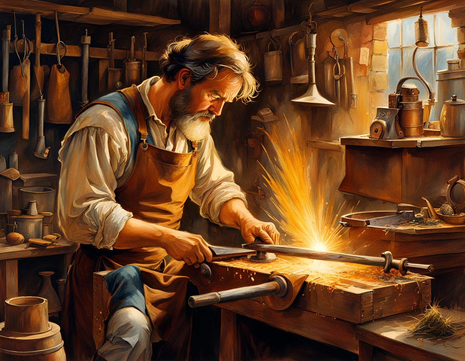 Draw a blacksmith at work in his shop, color corrected carne Griffiths ...