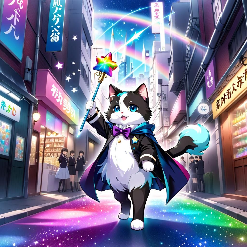 cute fluffy magical cat tuxedo fur coloring wearing a magical cloak and ...