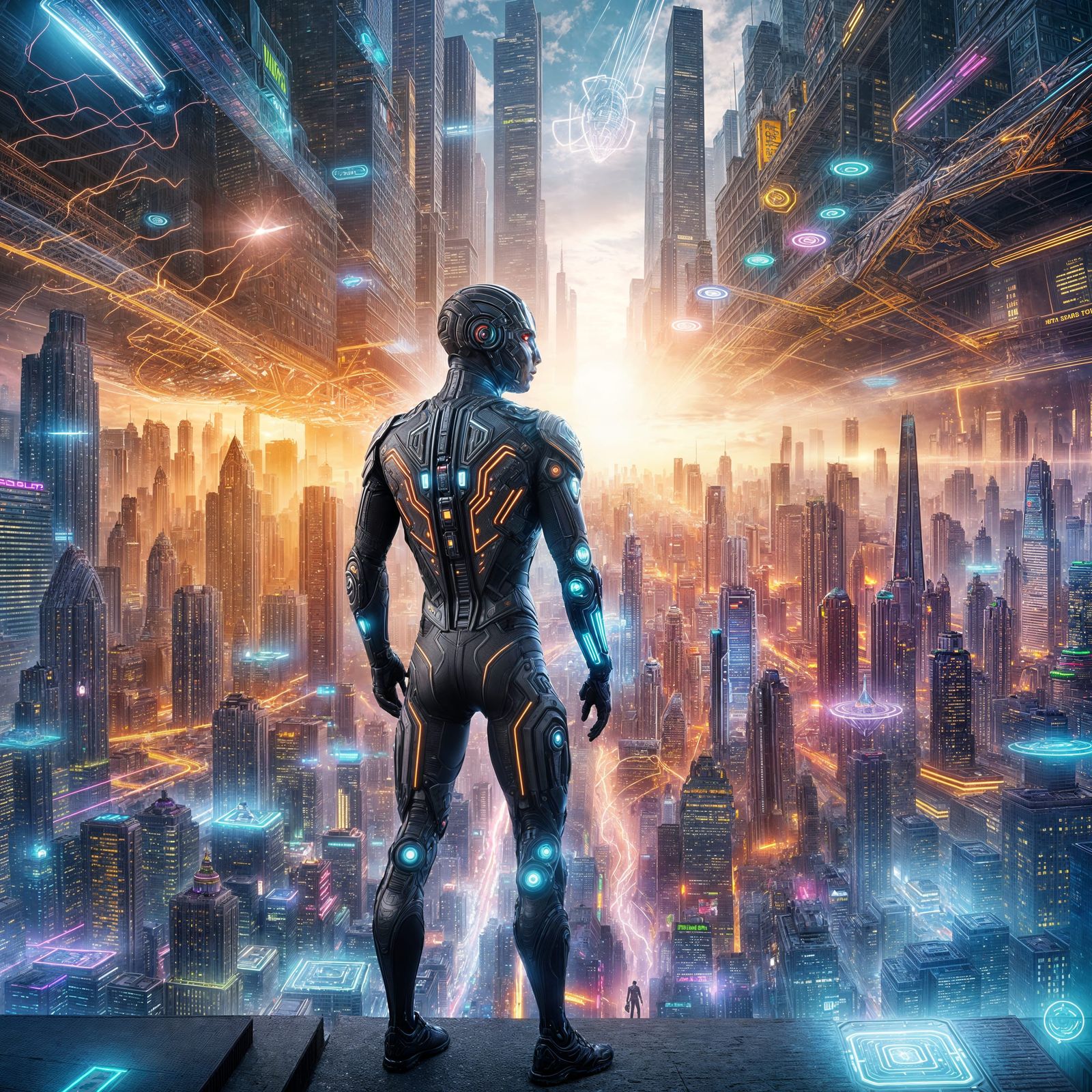 A superhuman cyborg in a digital sci-fi city.