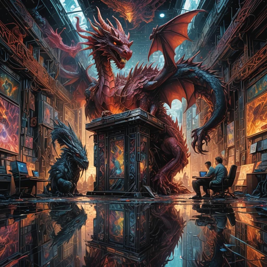 hypercube made of countless mirrors reflected from all sides of the image of a dragon and a ...