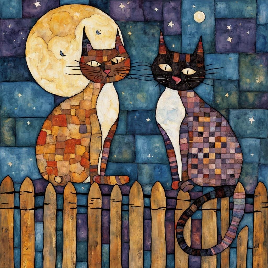 Surreal Whimsical Cats in Moonlit Patchwork Dreams... - AI Art