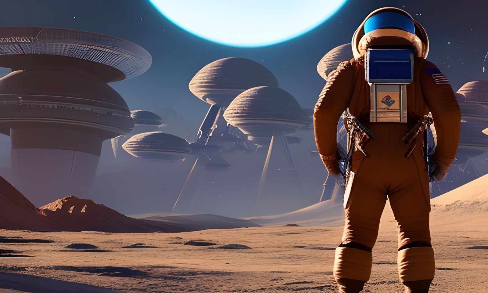 Cosmonaut looking at alien machine planet, retrofuturism - AI Generated ...