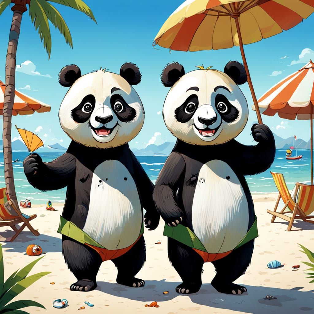 Playful Cartoon Pandas Ready for Beach Party - AI Art