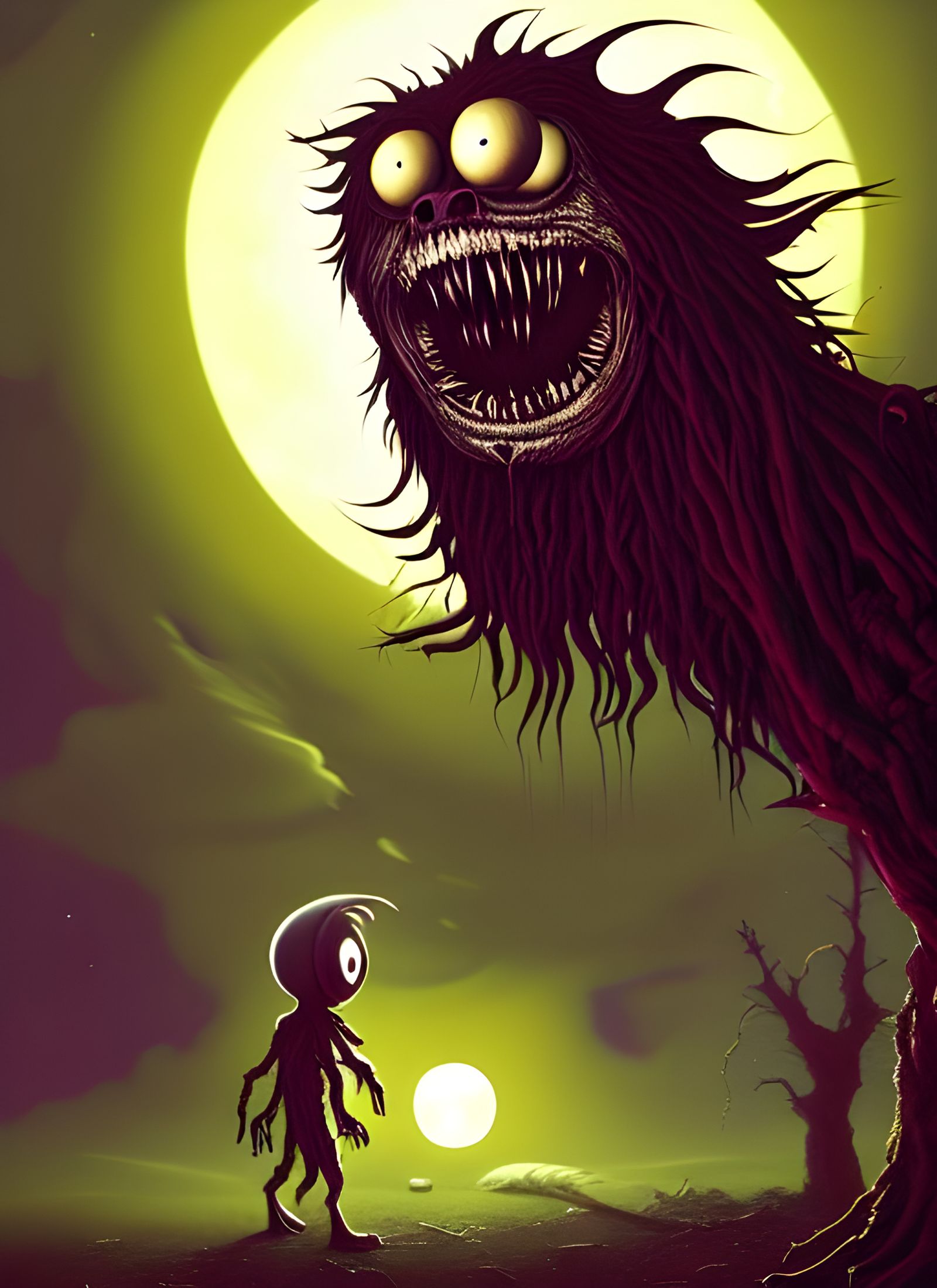 Weird, silly ugly cute, bouncy, childish, goofy, scary, crazy, funny ...