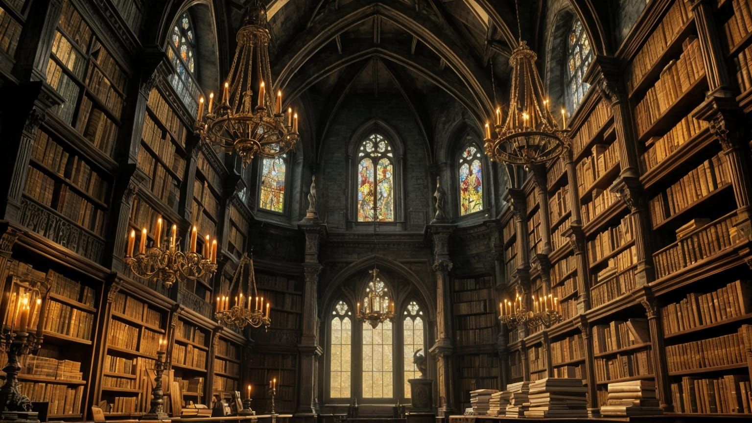 A Majestic Gothic Library in a Castle, Adorned wit... - AI Art