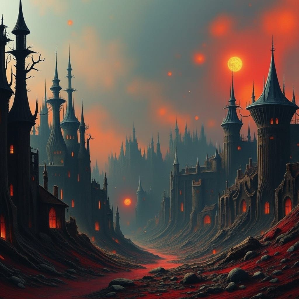 image of an apocalyptic hellscape city. Wasteland and dead forest in ...