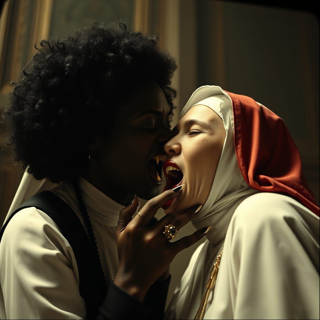 Gothic Vampire Bites Nun in Cinematic Dark Fantasy - AI Art