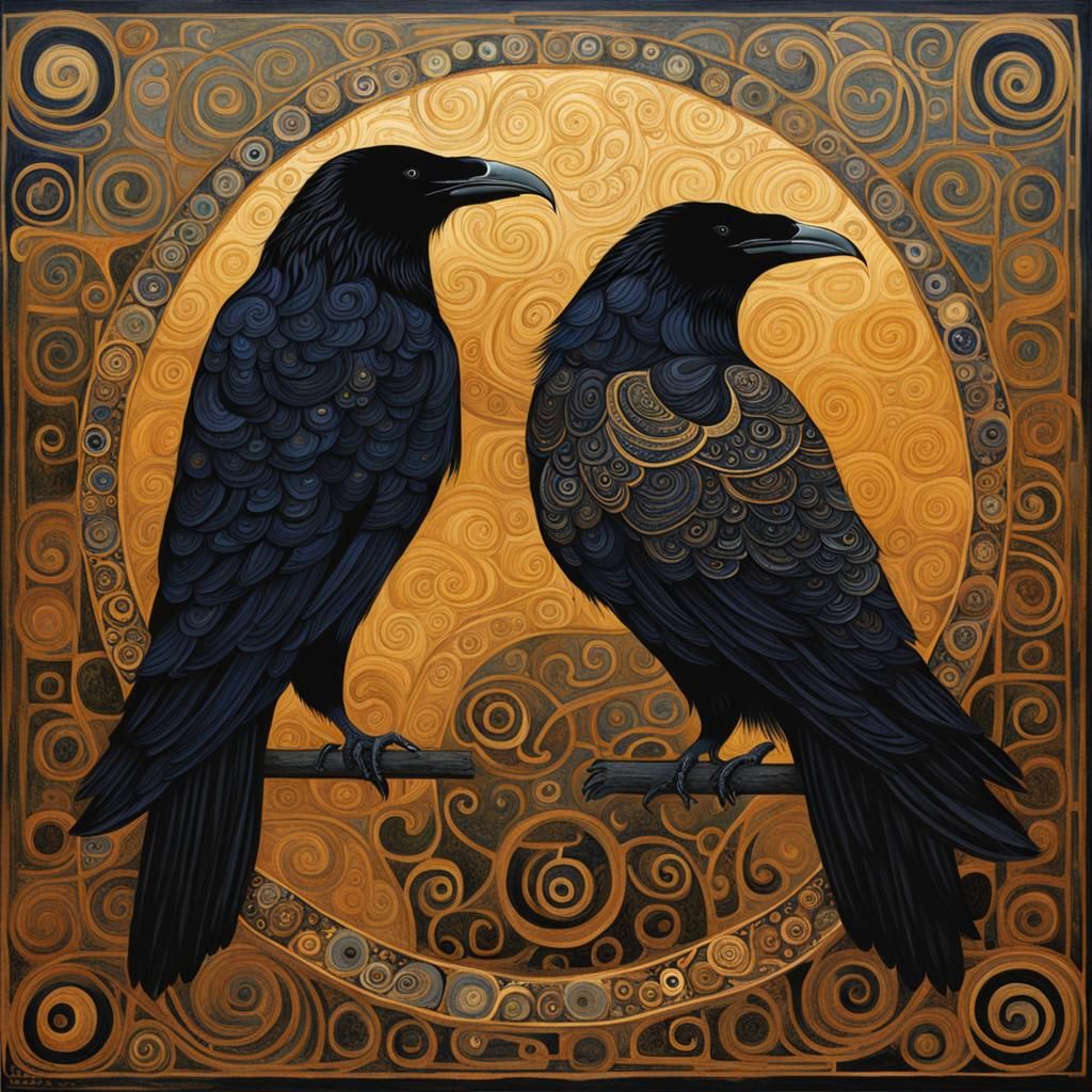 Gustav Klimt Style: Hugin and Munin, the two ravens of Odin - AI ...