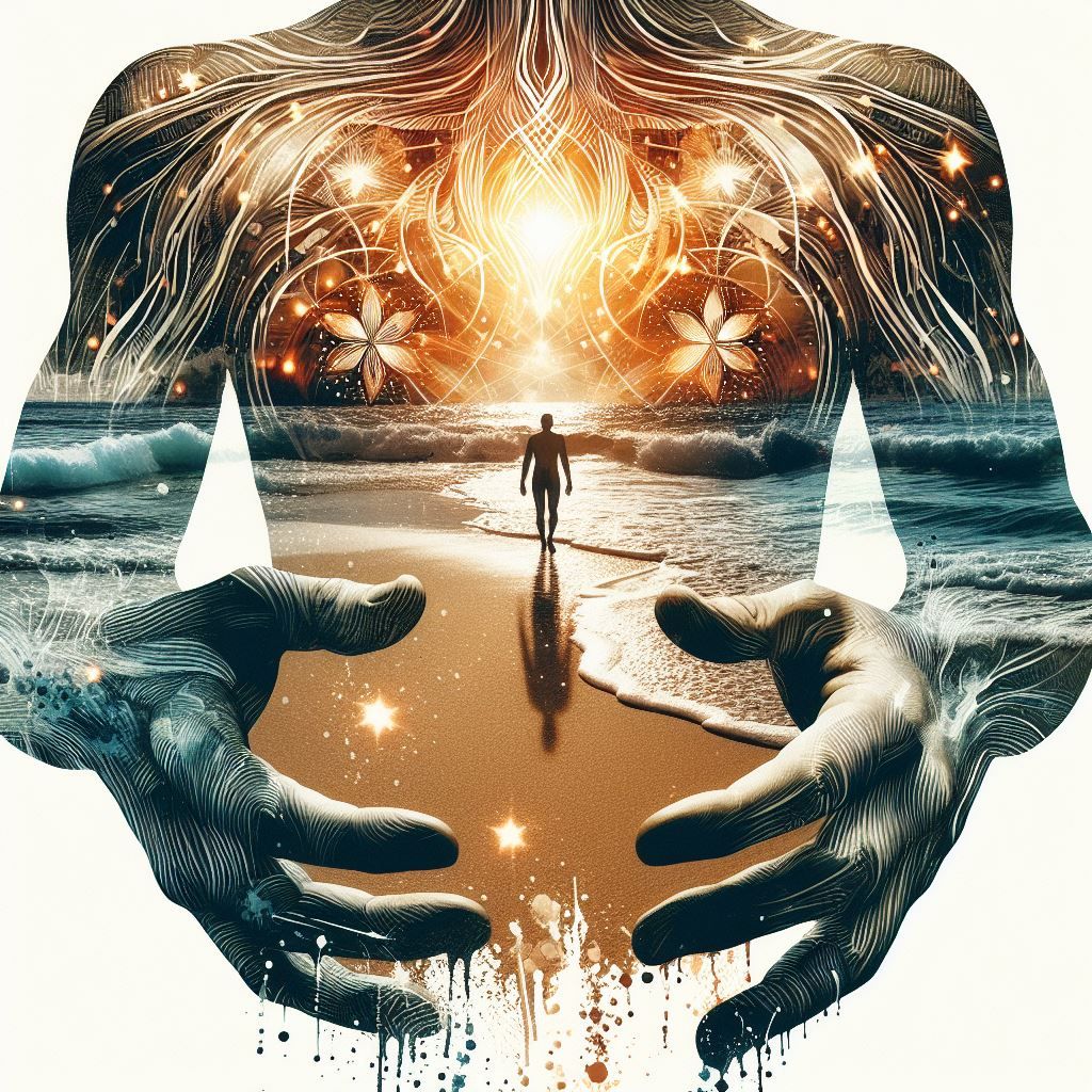 Hands drawing on the water the eternal song of times. Hands drawing a ...