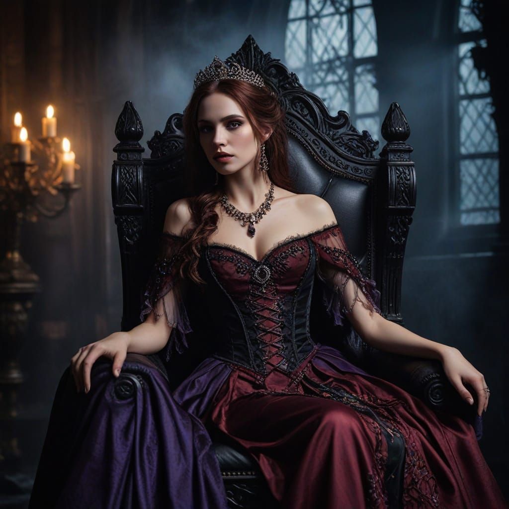 Vampire Queen in Opulent Red and Purple Regalia - AI Art