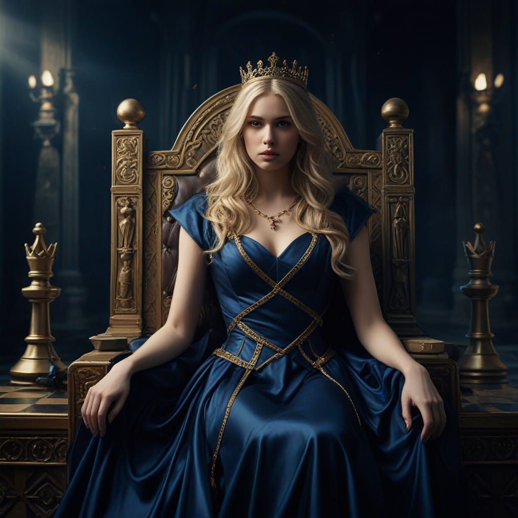 Blonde Princess on Chessboard Throne: Fantasy Illu... - AI Art