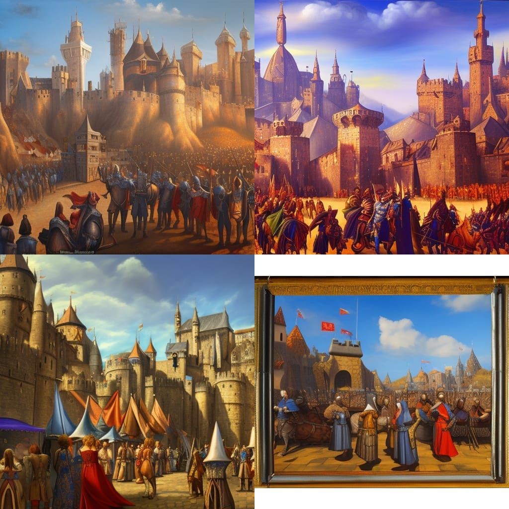 A beautiful kingdom, medieval era, blue skies, knights, citizens ...