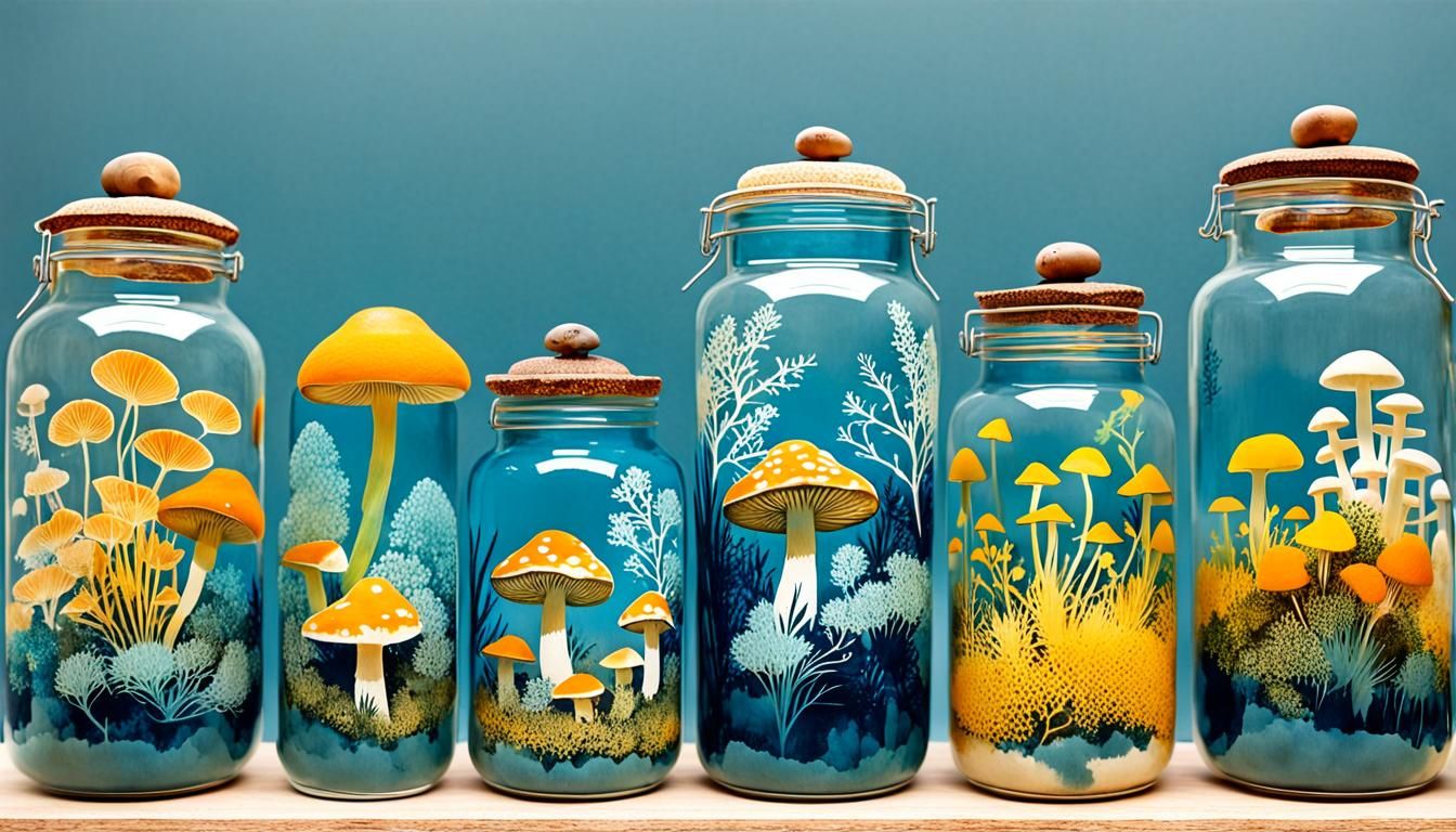 "Ethereal Cyanotype Landscapes" jar wildflowers, mosses, mushrooms yellow, orange, teal, - AI ...