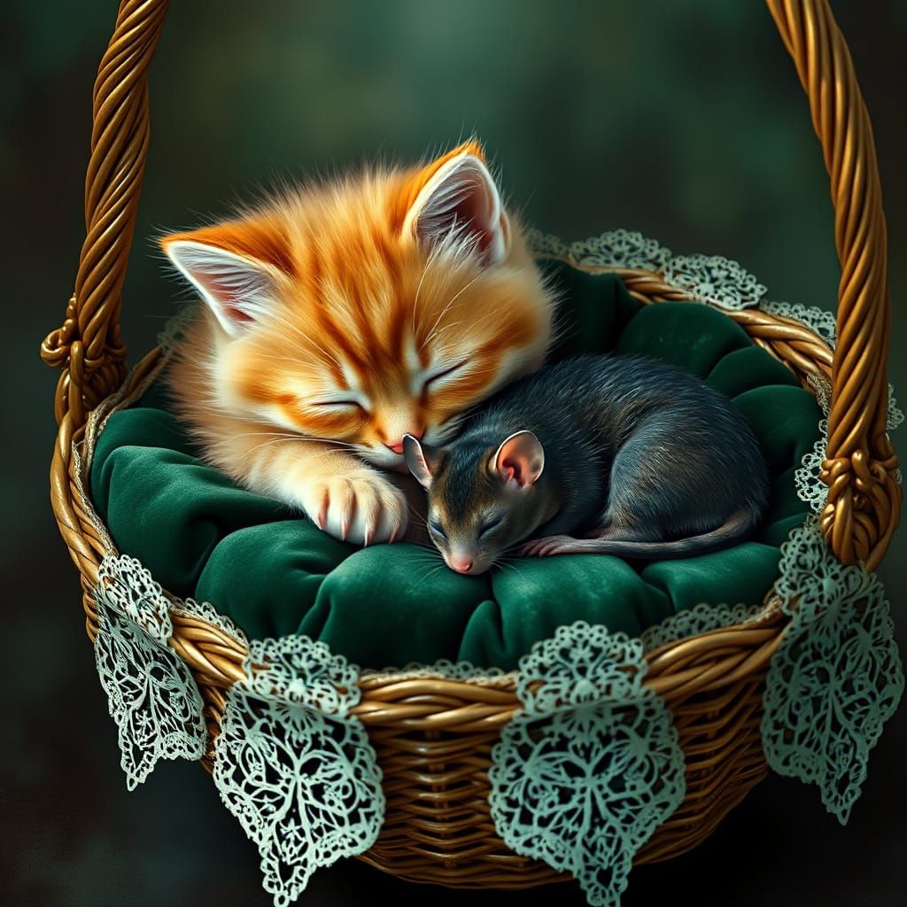 Kitten and Mouse - Ethereal Kitten and Mouse in Art Deco Fan...