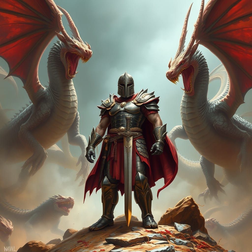 gladiator with dragons and swords - Heroic Gladiator Defies...