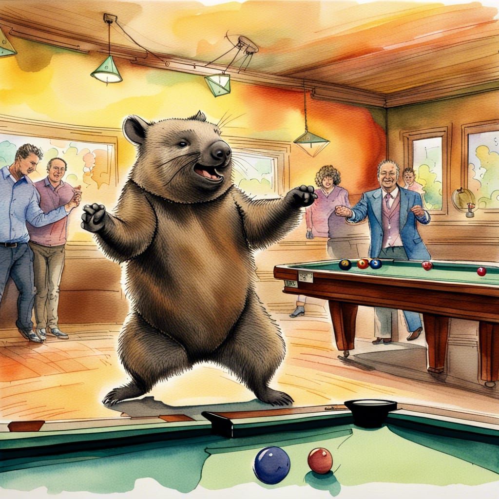 a wombat dancing on a pool table, celebration dance, dynamic lighting ...