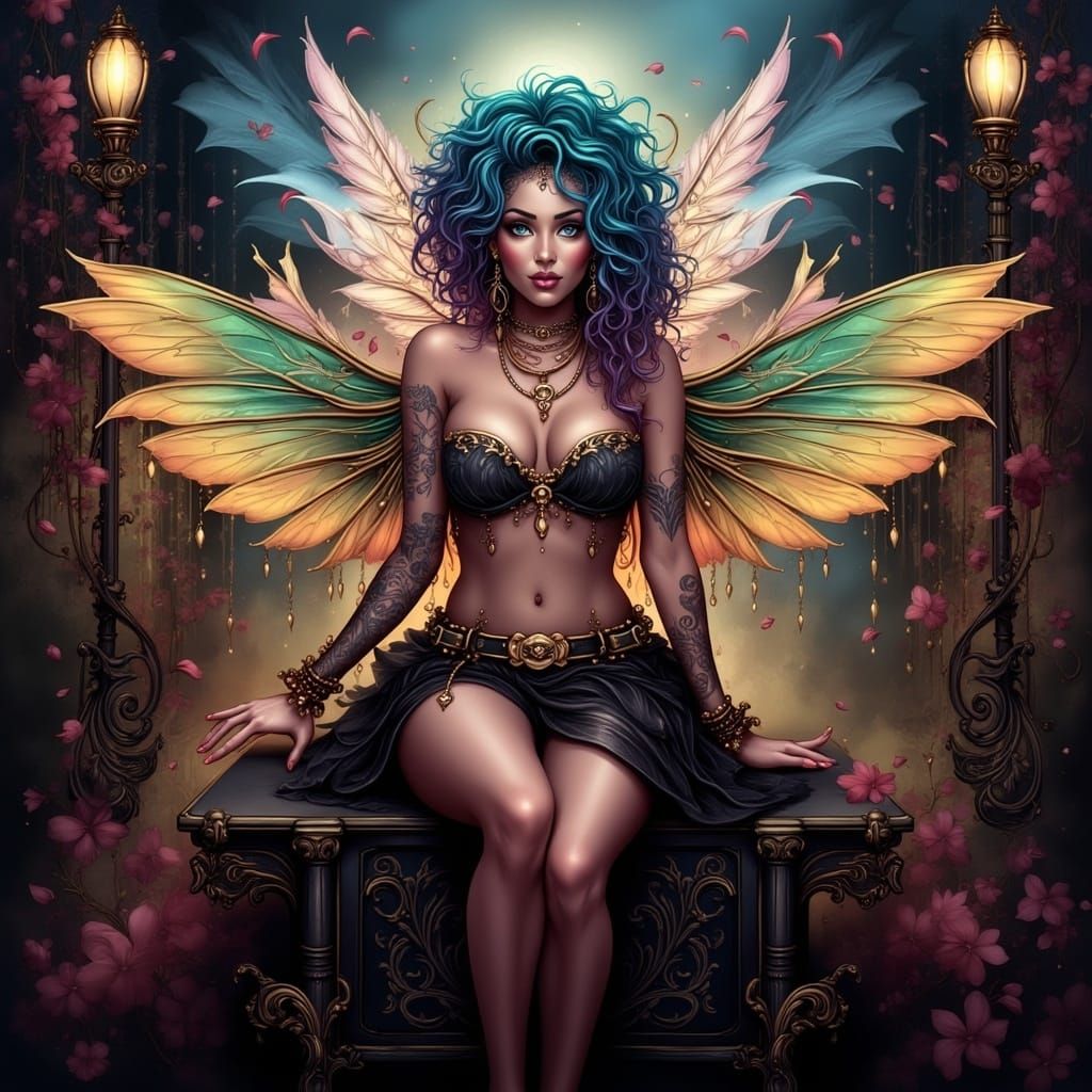 A detailed image of a full-length seated portrait of an elegant, punk, Hispanic woman depicted ...