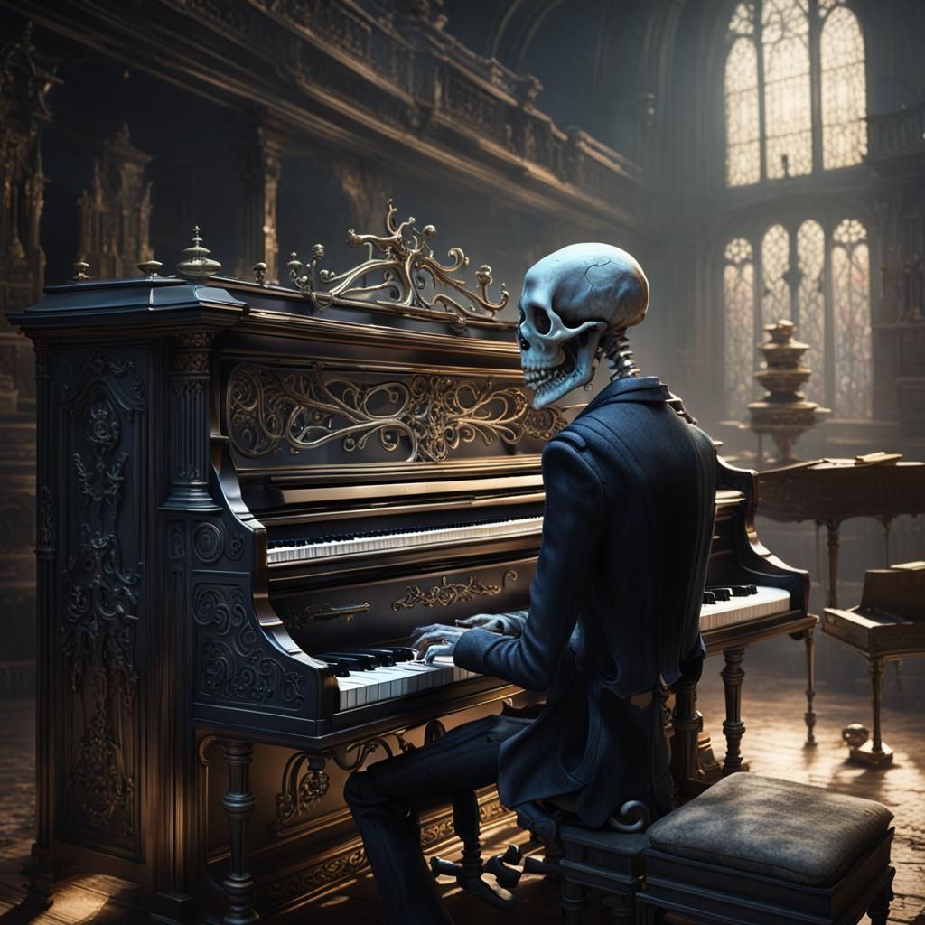 Skeleton playing a Piano Tim Burton style a masterpiece, 8k resolution ...