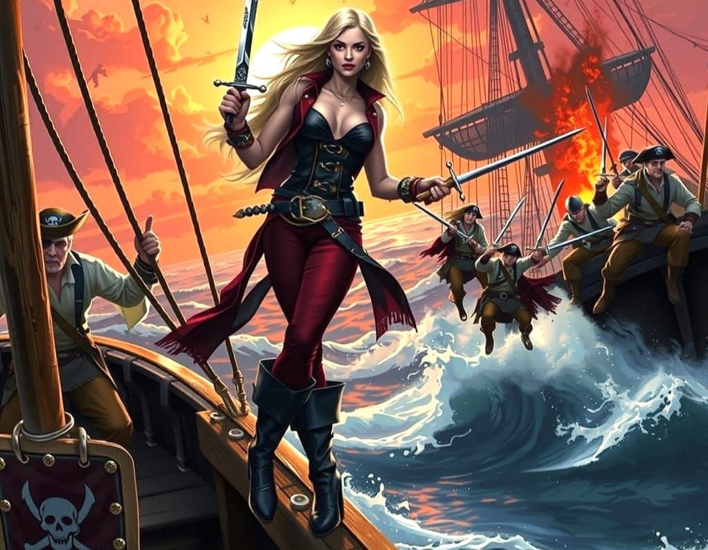 "Two pirate ships are locked in battle, side by side. The pirates fight ...